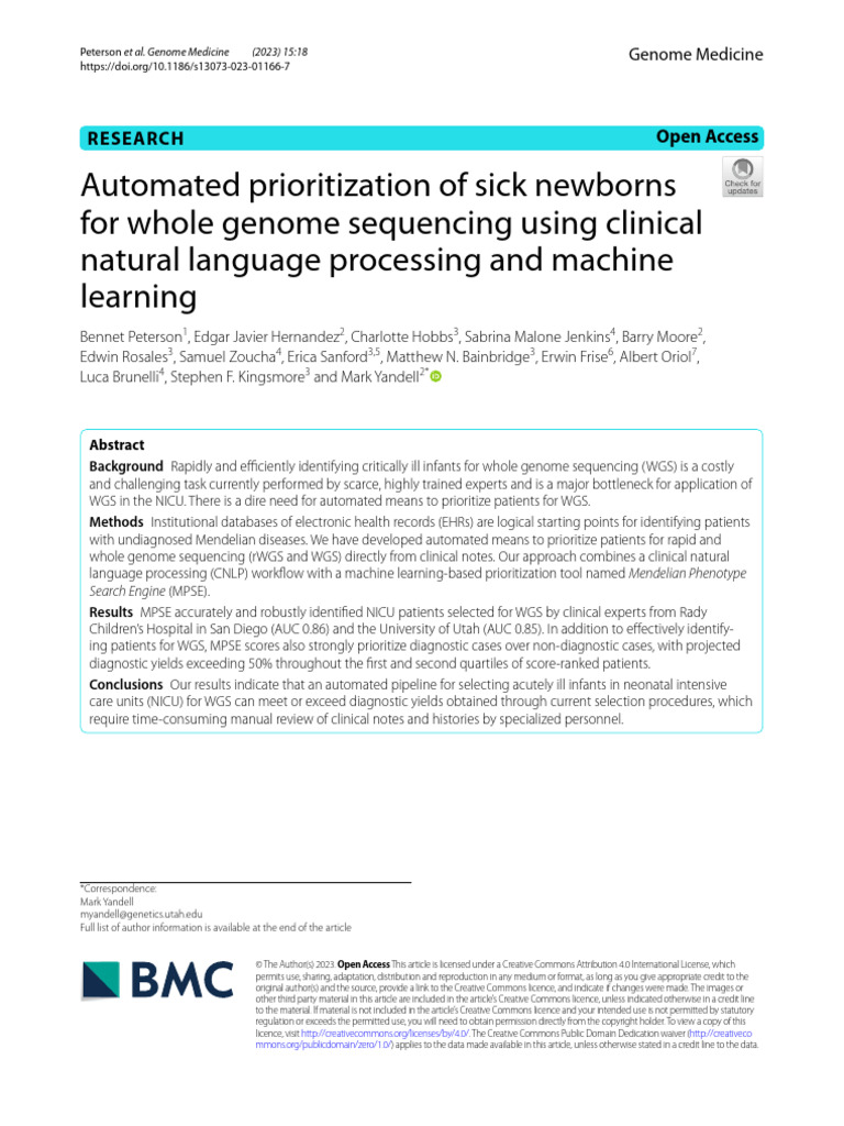 Automated Prioritization Of Sick Newborns For Whole Genome Sequencing Using Clinical Natural
