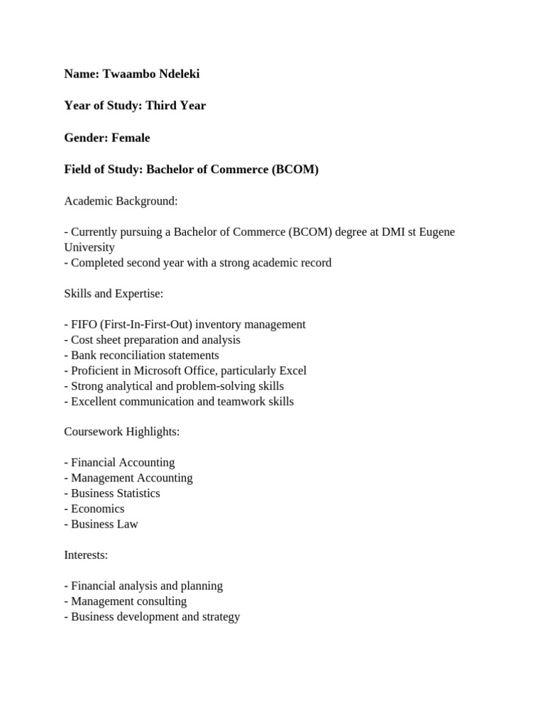 Twaambo Ndeleki Profile | PDF