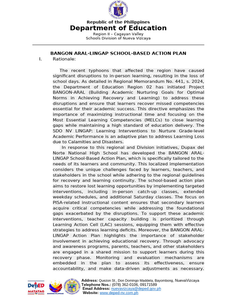 Bangon Aral Lingap School Based Action Plan | PDF | Learning