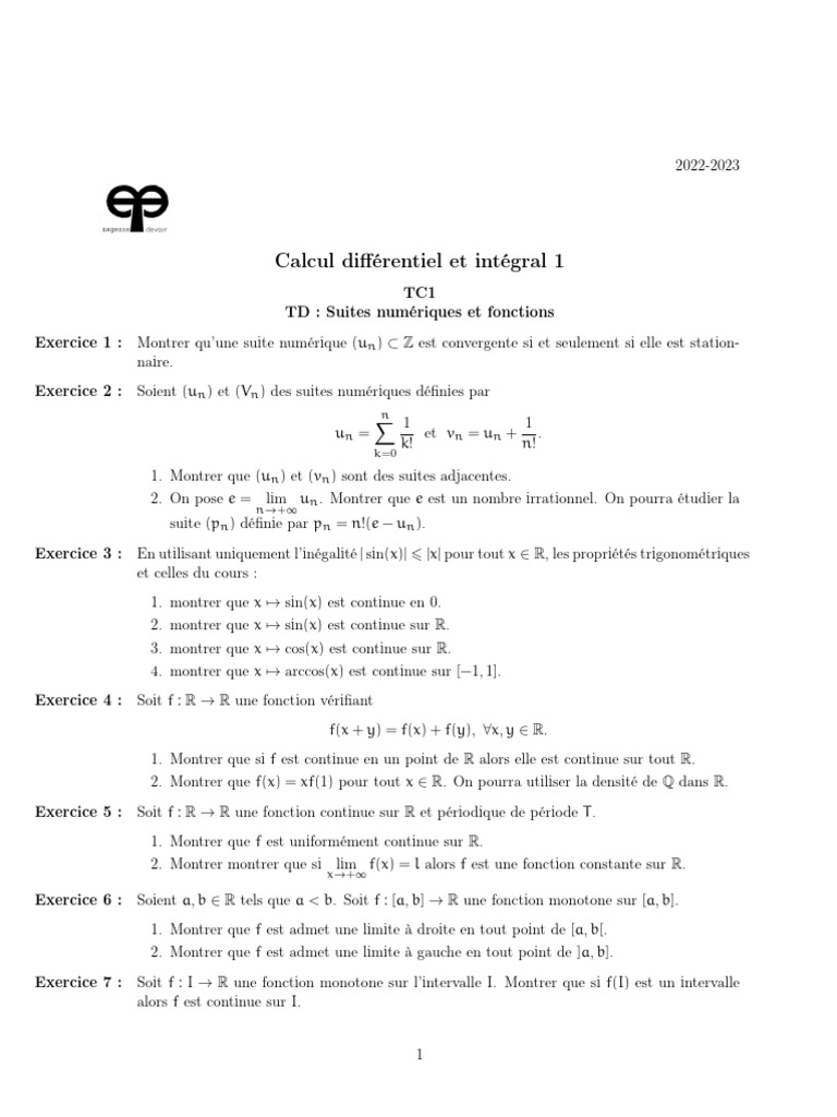 TD Fonctions Suites | PDF | Analyse mathématique | Mathématiques