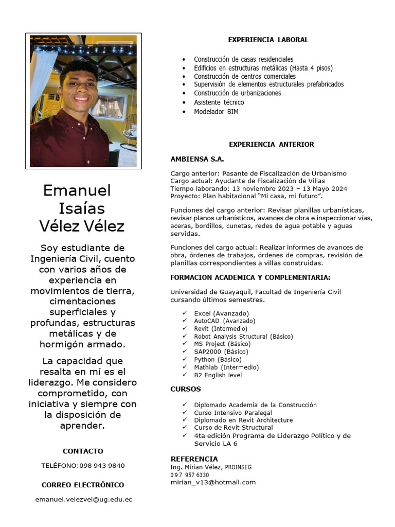 CV Emanuel Vélez | PDF | Autodesk Revit | Ingeniero civil