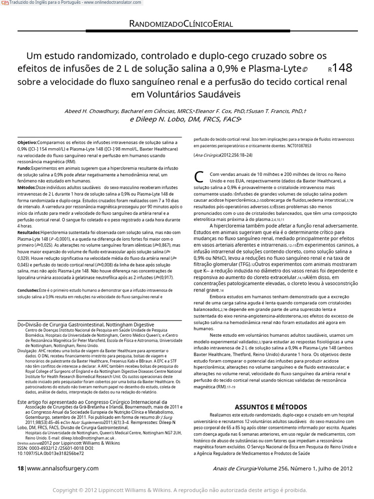 Efeitos de Infusões Intravenosas de Solução Salina A 0,9% ( (CL ) 154 ...
