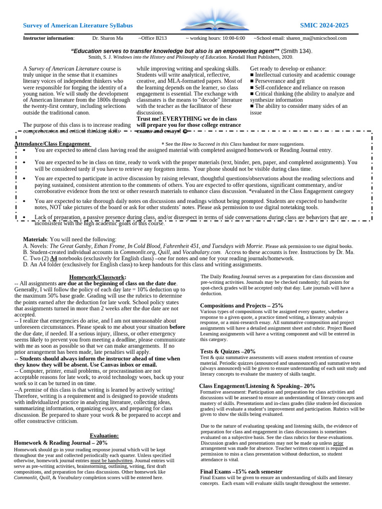 American Literature Course Syllabus 2024 | PDF | Academic Dishonesty ...