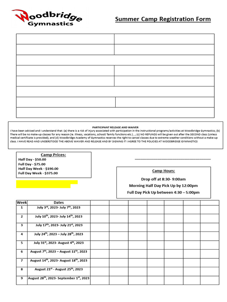 2023 Summer Camp Registration Form 1 | PDF
