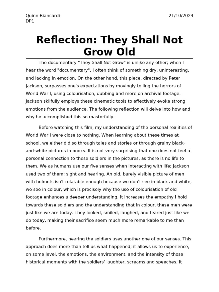 Reflection They Shall Not Grow Old | PDF | Psychology | Cognition