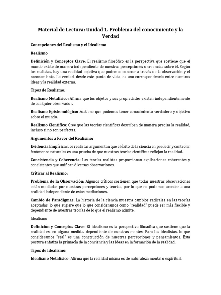 Material de Lectura. Unidad 1. Problema del conocimiento y la Verdad | PDF | Realismo filosófico ...