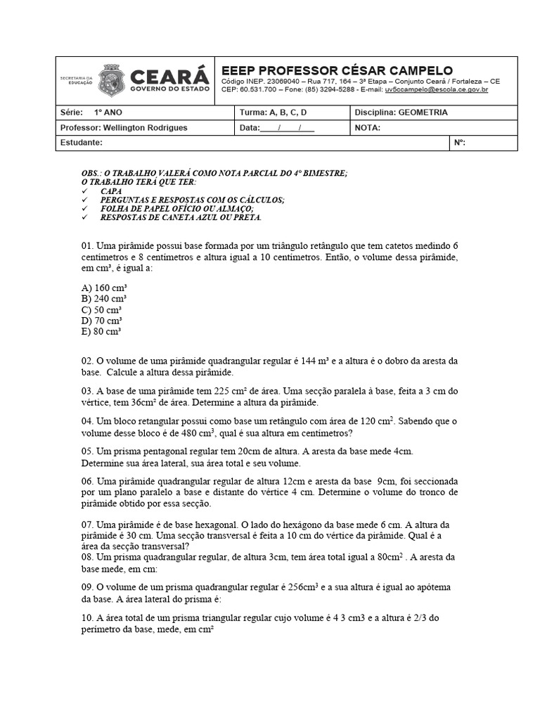 TRAB GEOM 1° ANO (atualizado) | PDF | Triângulo | Geometria Euclidiana