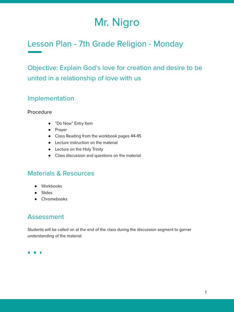 Lesson Plan - 7th Grade Religion - Week of Oct 7th | PDF | Lesson Plan ...