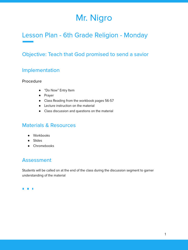 Lesson Plan - 6th Grade Religion - Week of Oct 7th | PDF | Lesson Plan