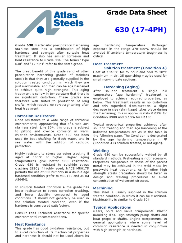 Atlas Grade Datasheet 630 Rev May 2008 | PDF | Heat Treating ...