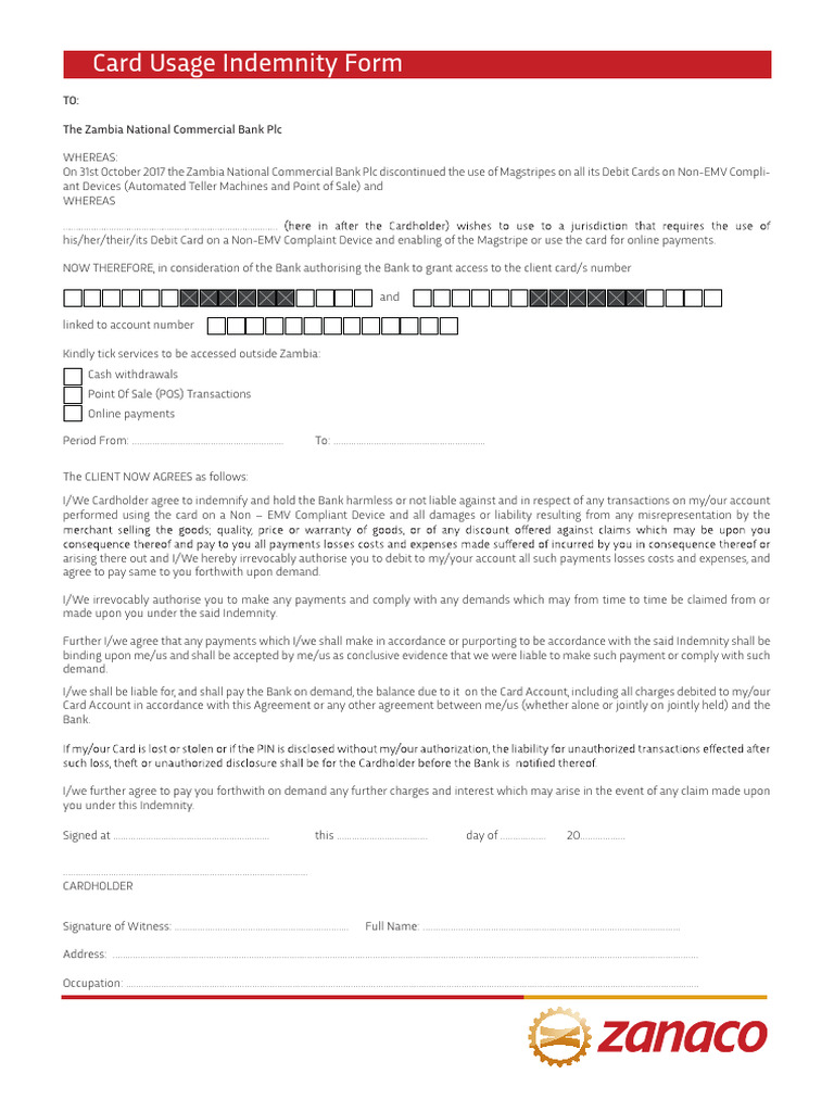 CARD USAGE INDEMNITY FORM 2020 | PDF | Debit Card | Indemnity