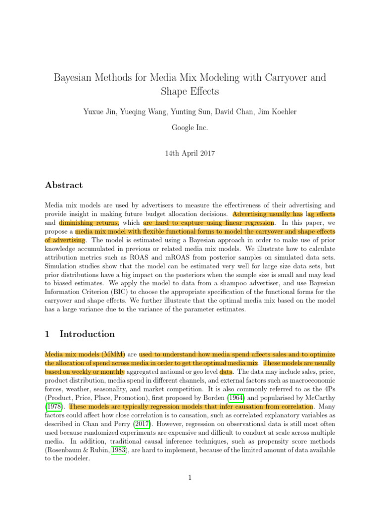 Bayesian Methods For Media Mix Modeling With Carryover and Shape Effects | PDF | Bayesian ...