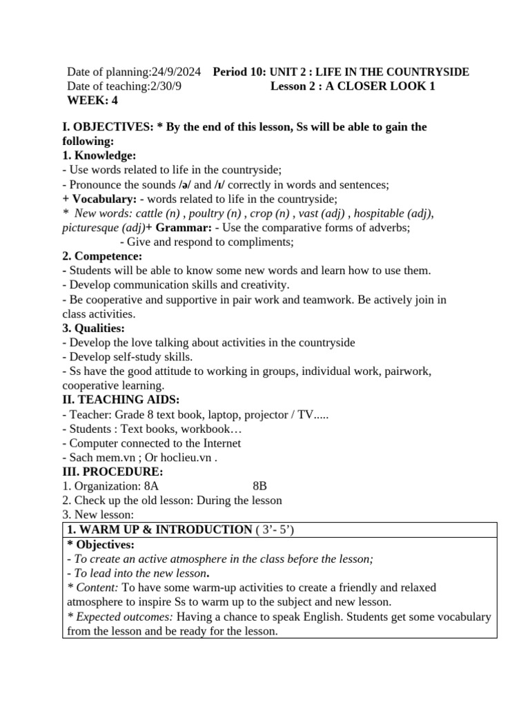 Lesson Plan: Life in the Countryside | PDF | Adjective | Vowel