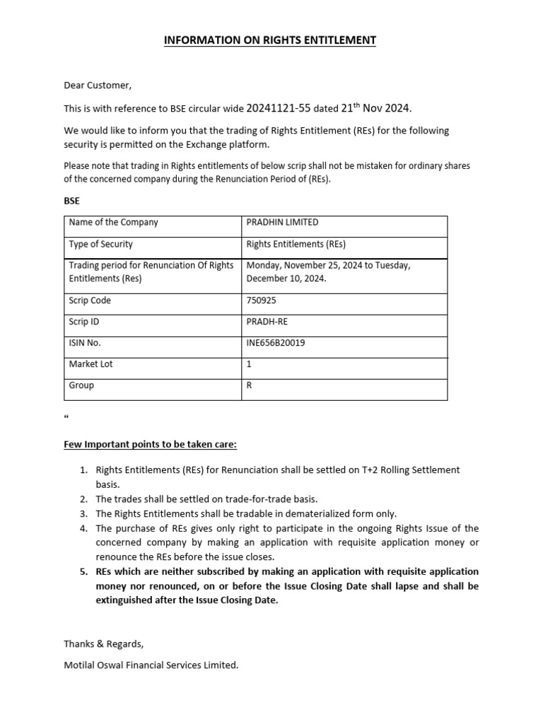 Rights Entitlements of PRADHIN LTD | PDF | Stocks | Securities (Finance)
