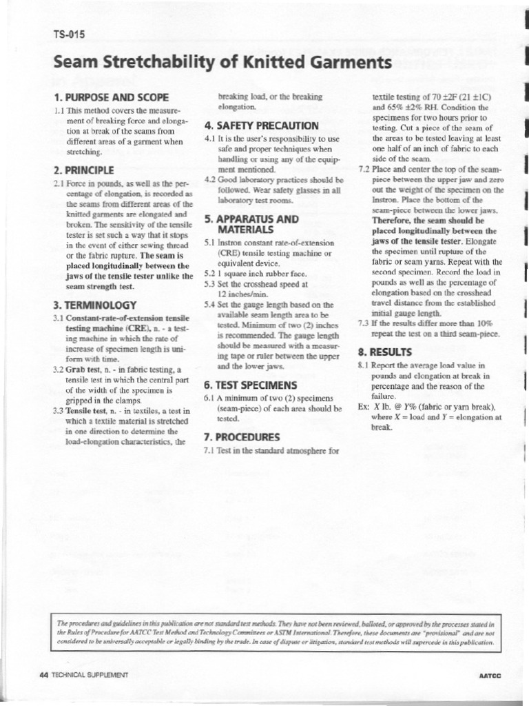 AATCC TS-015 - Seam Stretchability of Knitted Garments | PDF