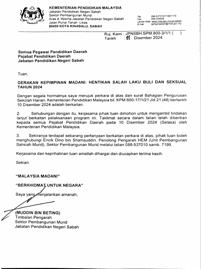 Surat Gerakan Kepimpinan Madani Hentikan Salah Laku Buli Dan Seksual | PDF