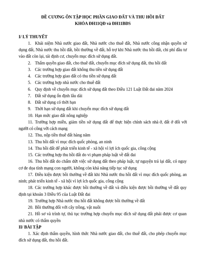 Đề cương ôn tập - Giao đất và thu hồi đất - DH12 | PDF
