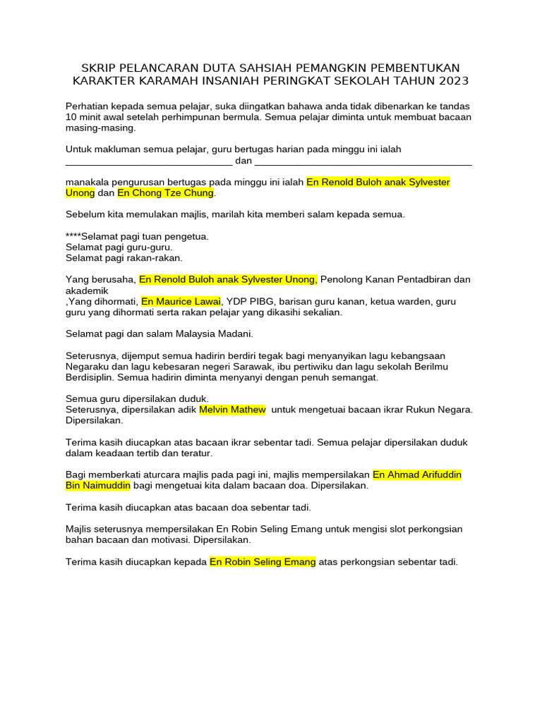 Skrip Pelancaran Duta Sahsiah Pemangkin Pembentukan Karakter Karamah Insaniah Peringkat Sekolah ...