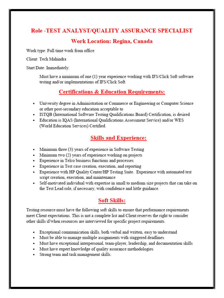 Test Analyst JD PDF 1 | PDF | Software Testing | Systems Engineering