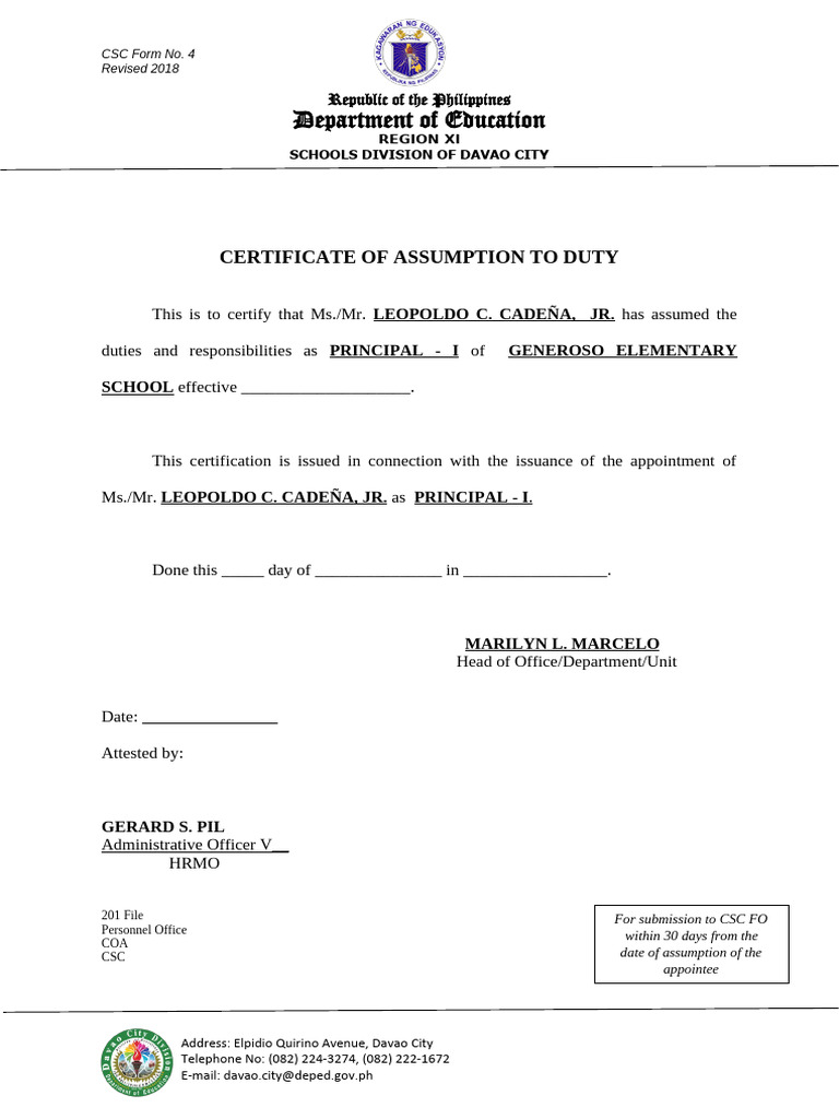 CS Form No. 4 Certificate of Assumption To Duty | PDF