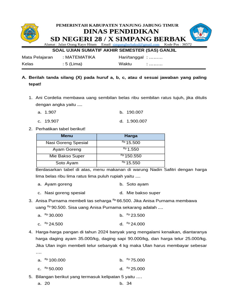 Soal Asas Ganjil Matematika Kelas 5 | PDF