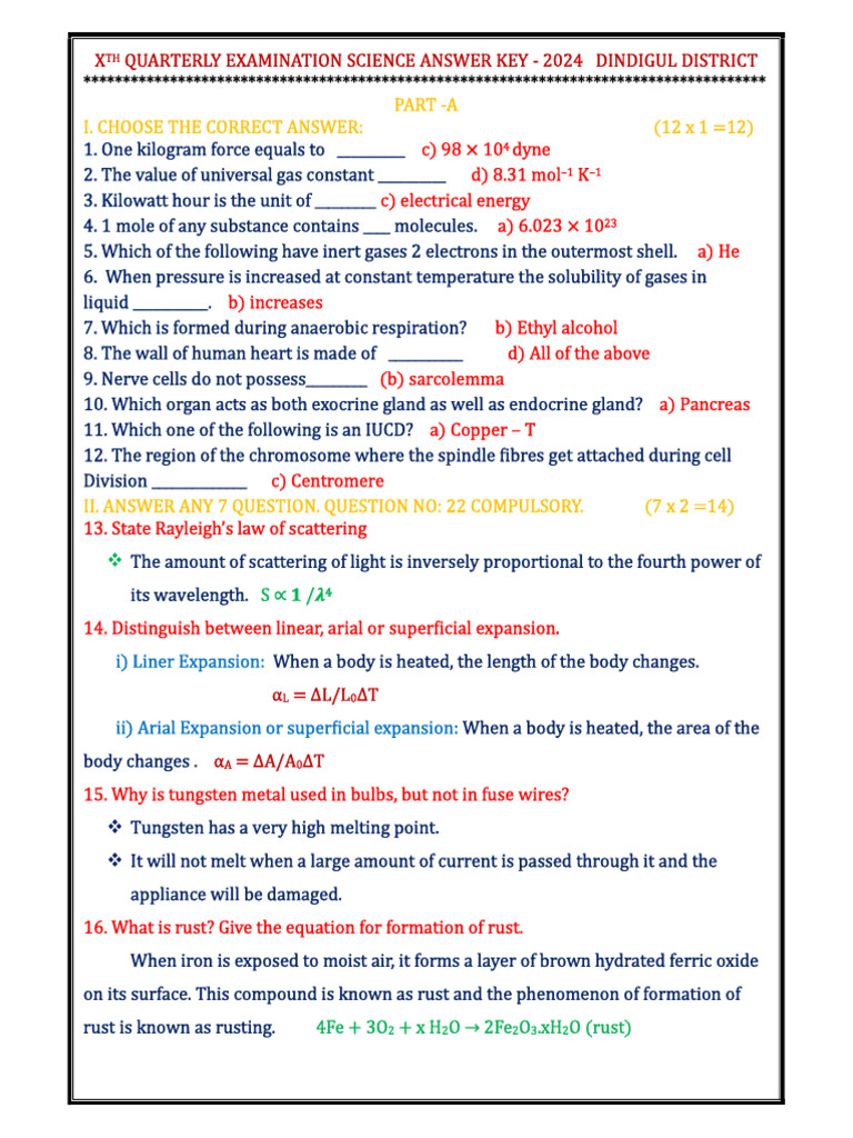 10th Science Quarterly Answer Key 2024 | PDF | Dna | Solubility