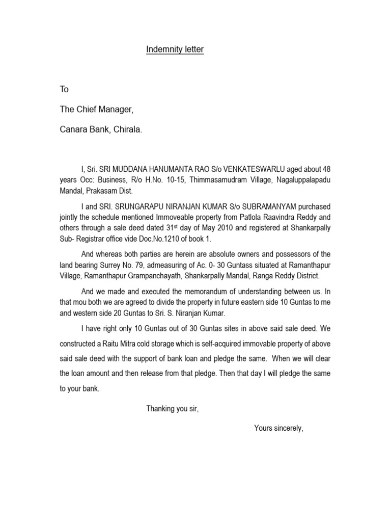 Indemnity Letter for Property Loan | PDF