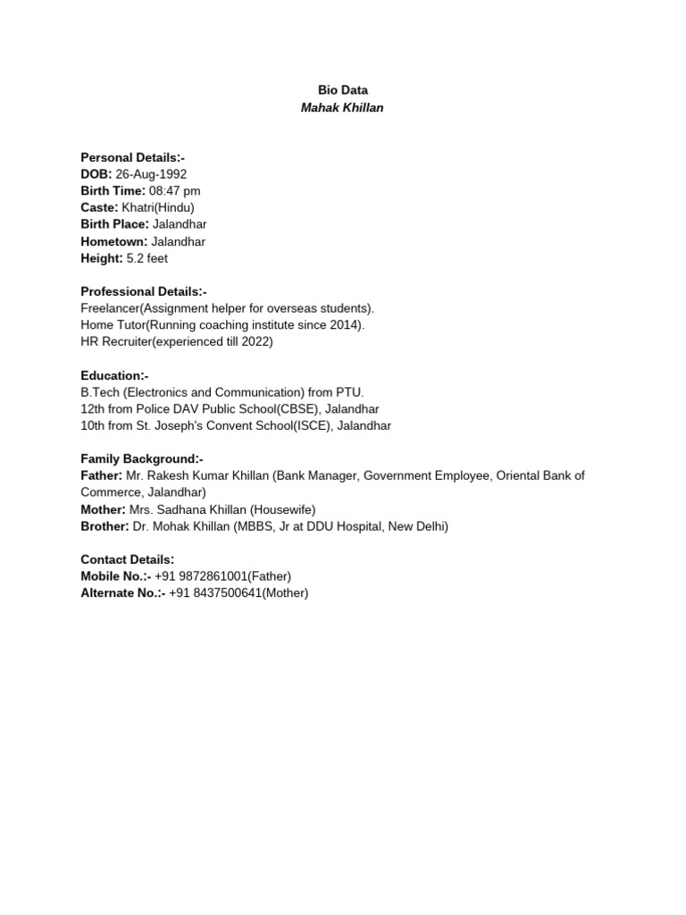 Mahak Bio Data | PDF