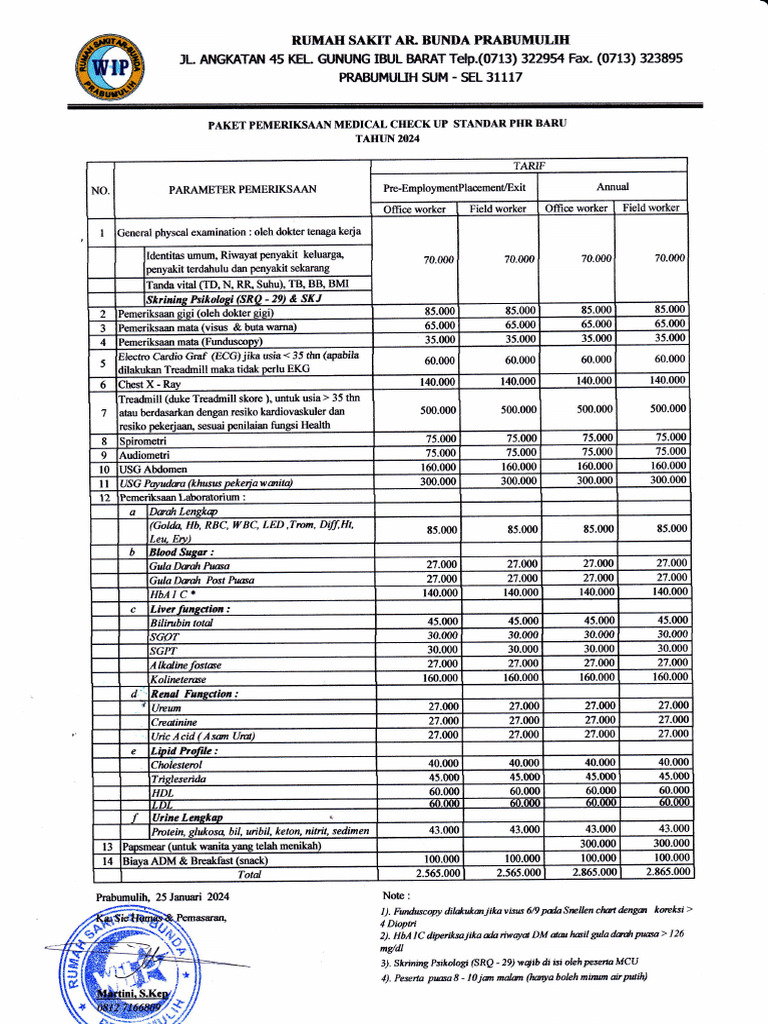 Tarif Paket Mcu Standar PHR Baru Tahun 2024 | PDF