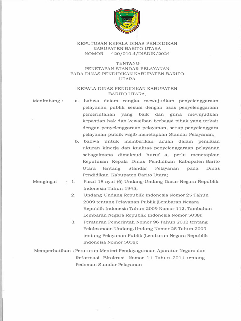 SK SOP Standar Pelayanan Disdik | PDF