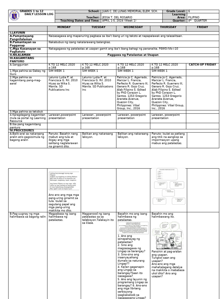 DLL G6-Filipino Q4 W1 | PDF
