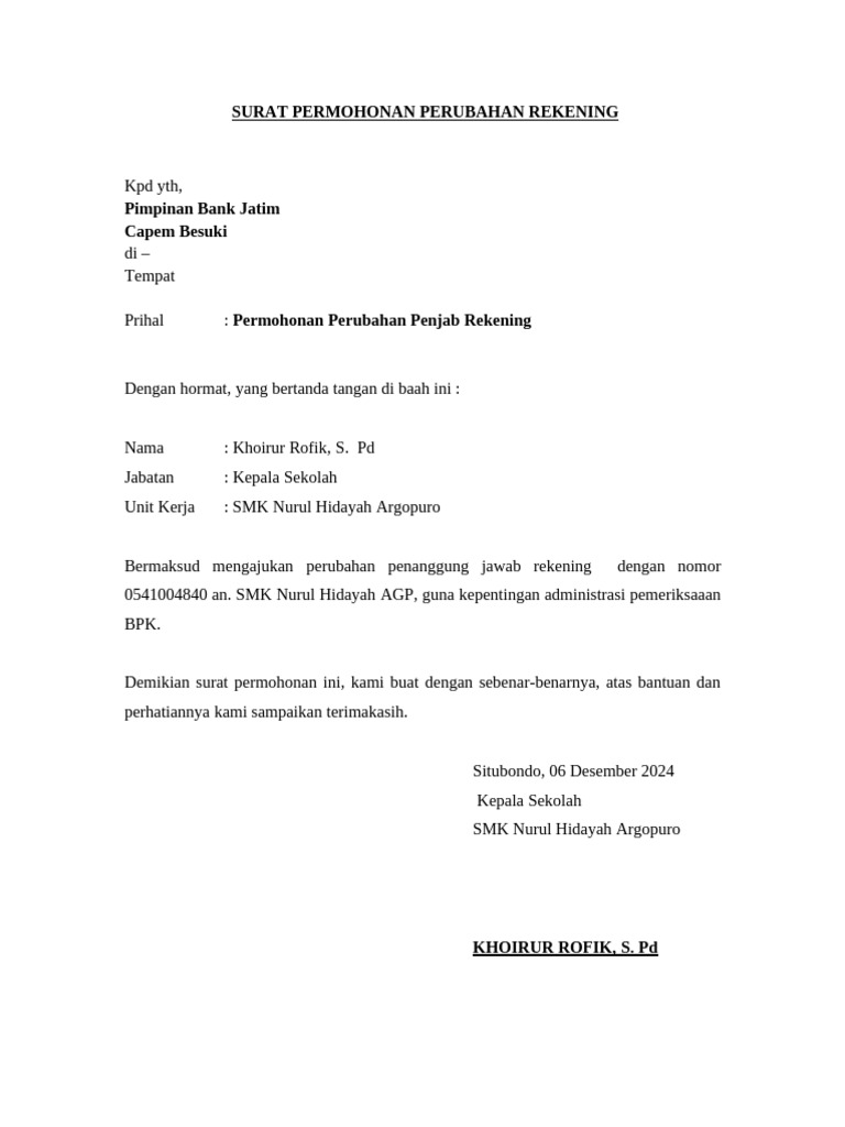 Surat Permohonan Perubahan Rekening | PDF