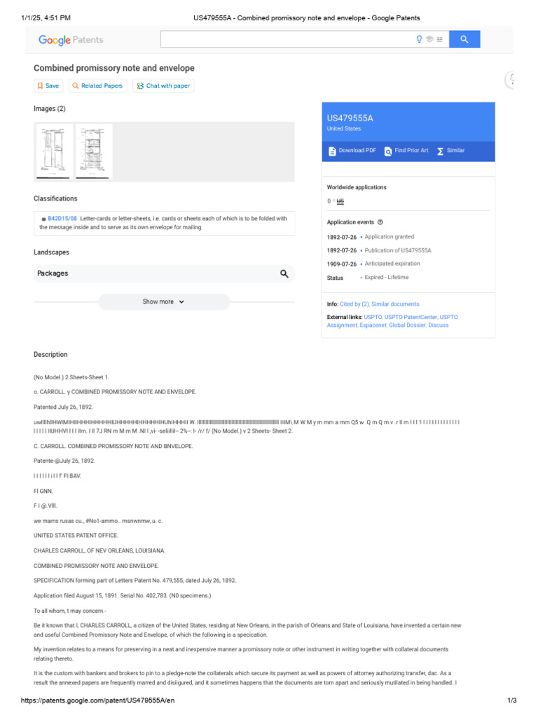 US479555A - Combined Promissory Note and Envelope - Google Patents ...