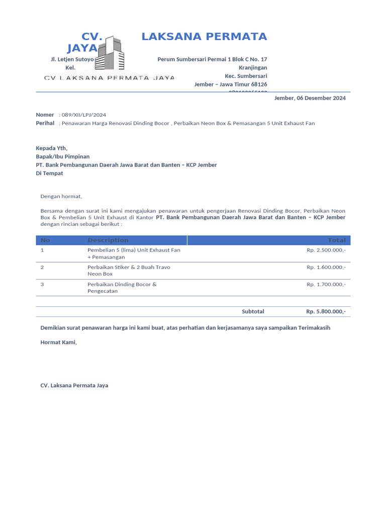 Penawaran CV Laksana | PDF