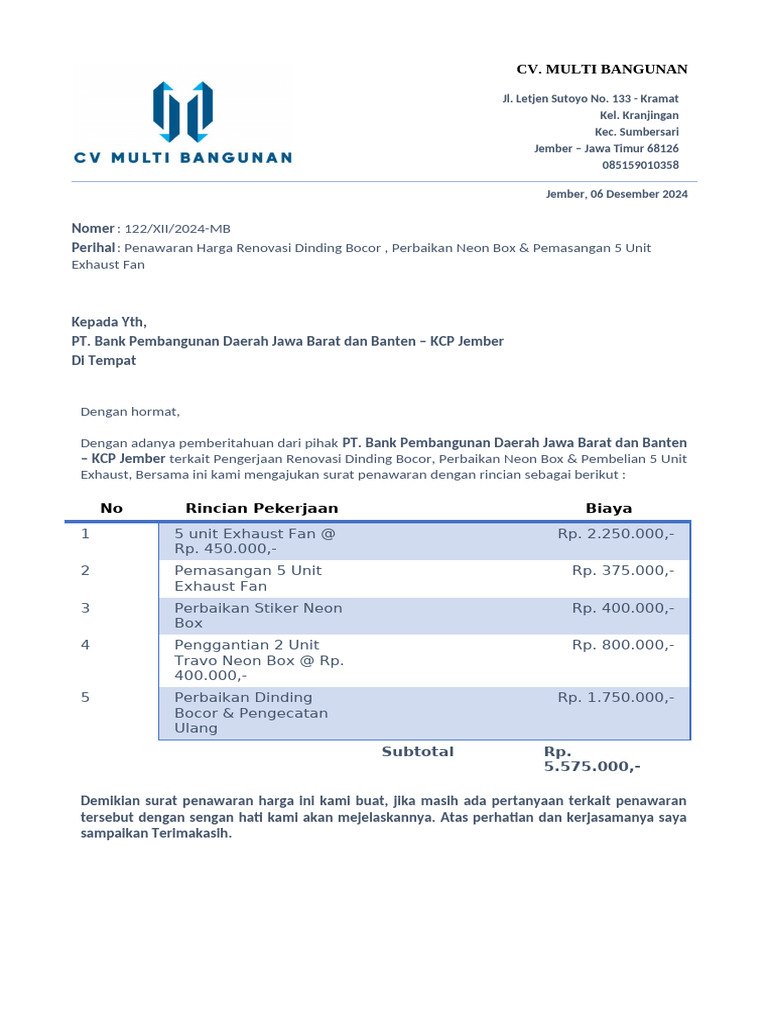 Penawaran CV Multi Bangunan | PDF