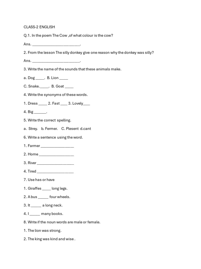 Class 2 English Worksheet Activities | PDF