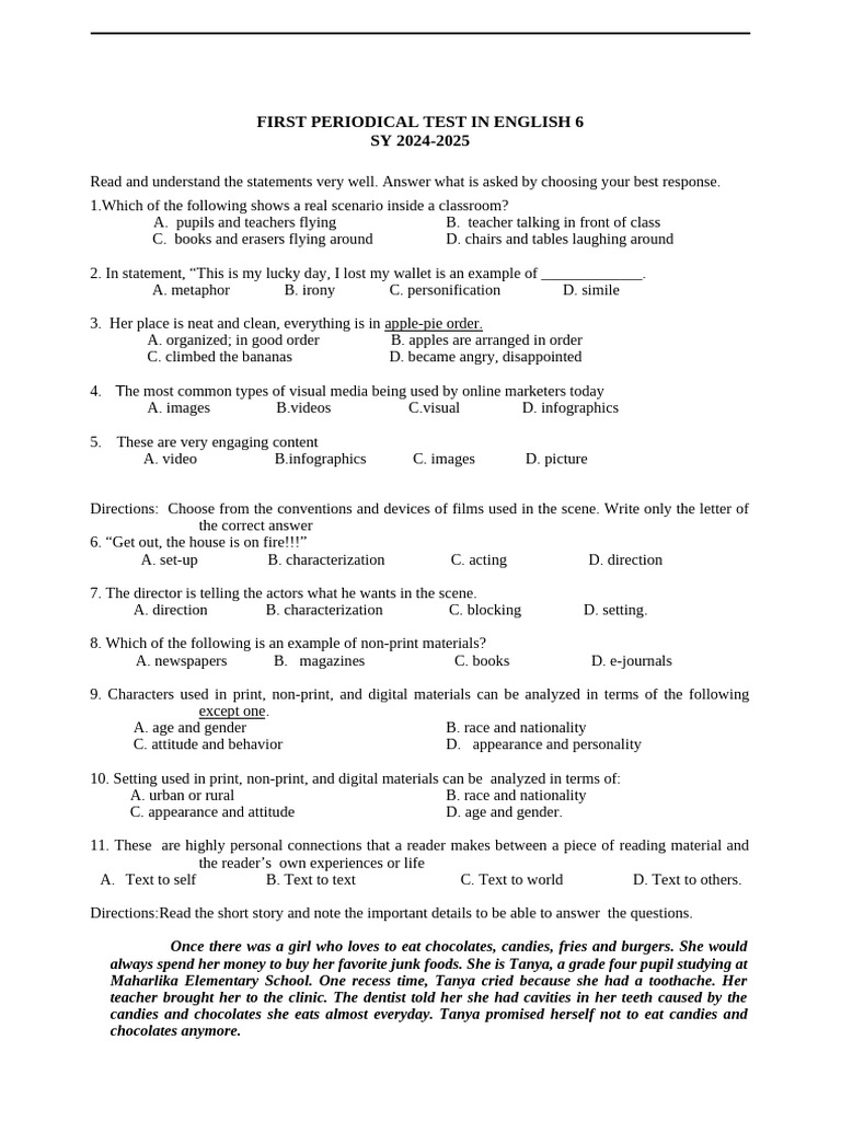 FIRST PERIODICAL TEST-English 6 | PDF