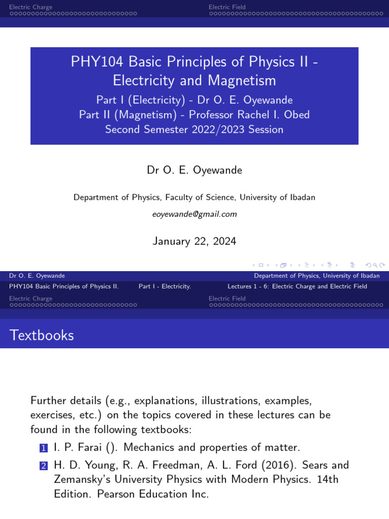 PHY104 Electricity Lectures 1-6 220124 | PDF | Electric Field | Electric Charge