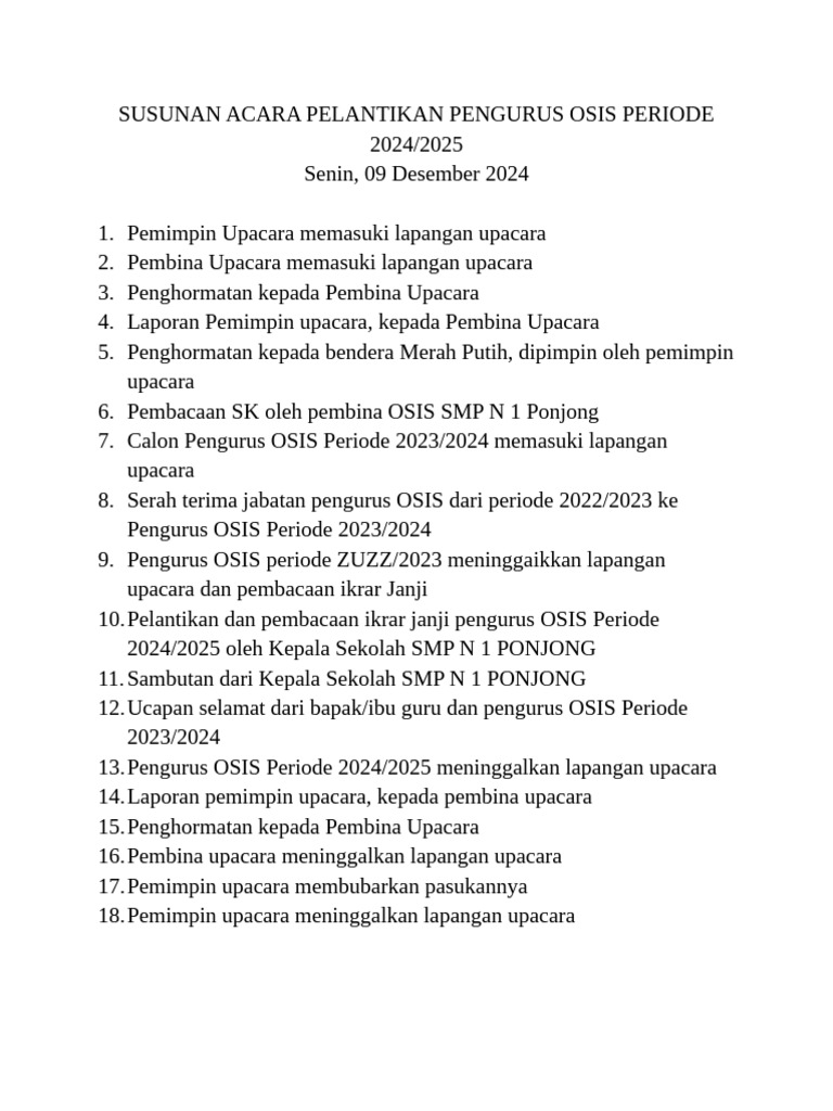 Susunan Acara Pelantikan Pengurus Osis Periode 2024 | PDF