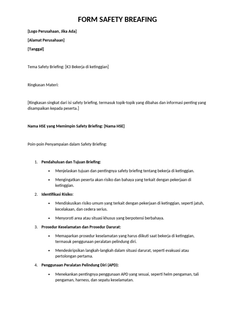 Form safety breafing | PDF