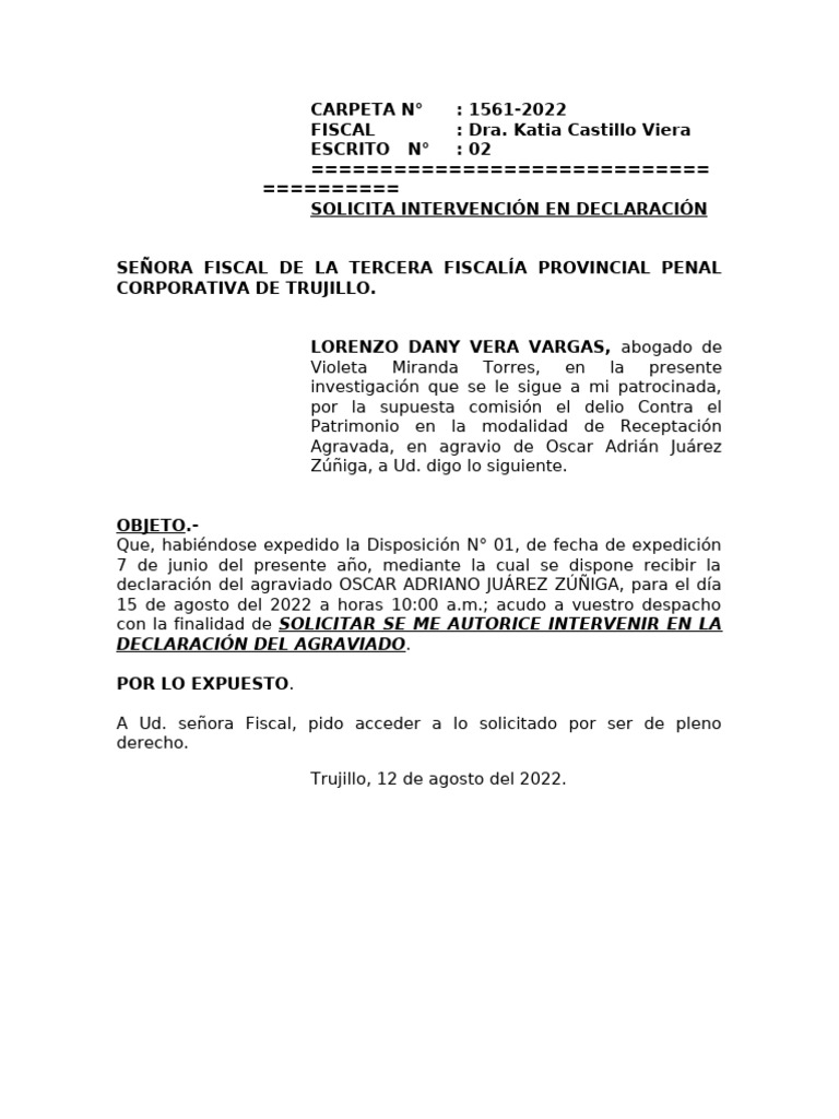 SOLICITO INTERVENCIÓN EN DECLARACIÓN. CAPITAN | PDF