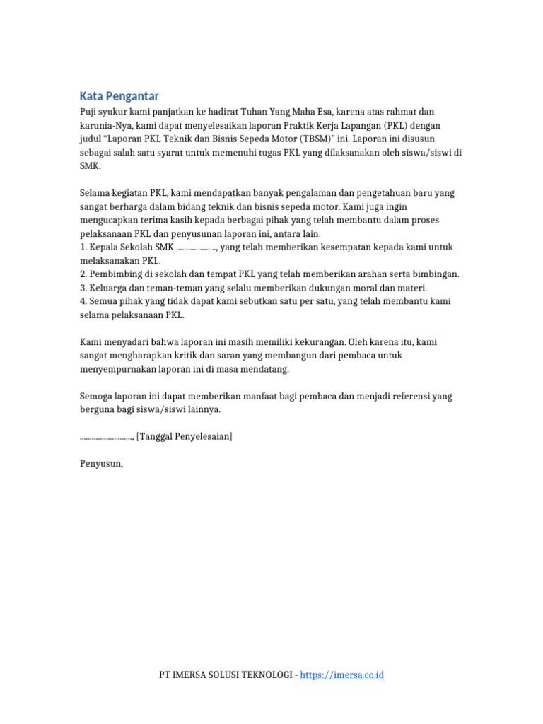 Kata Pengantar Laporan PKL TBSM | PDF
