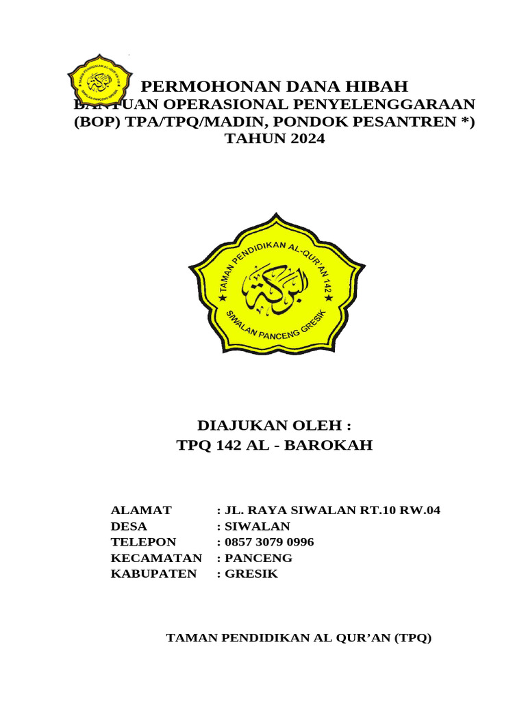 CONTOH PERMOHONAN BOP TPQ MADIN, PONPES 2024 | PDF