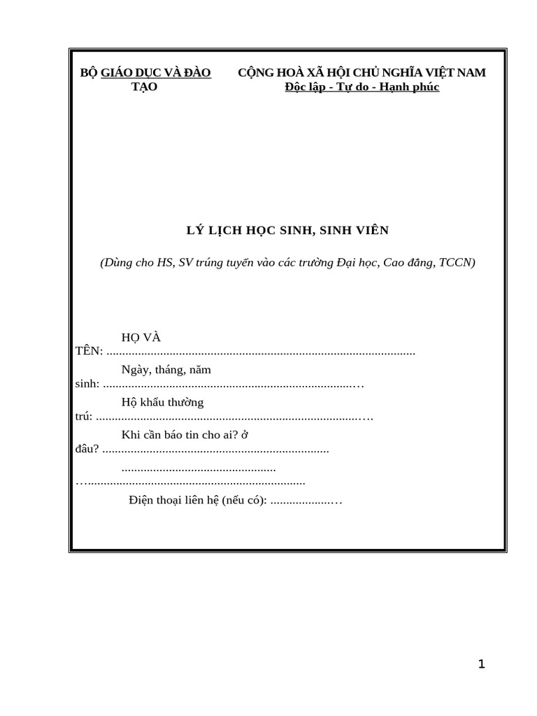 Mau So Yeu Ly Lich Hoc Sinh Sinh Vien | PDF