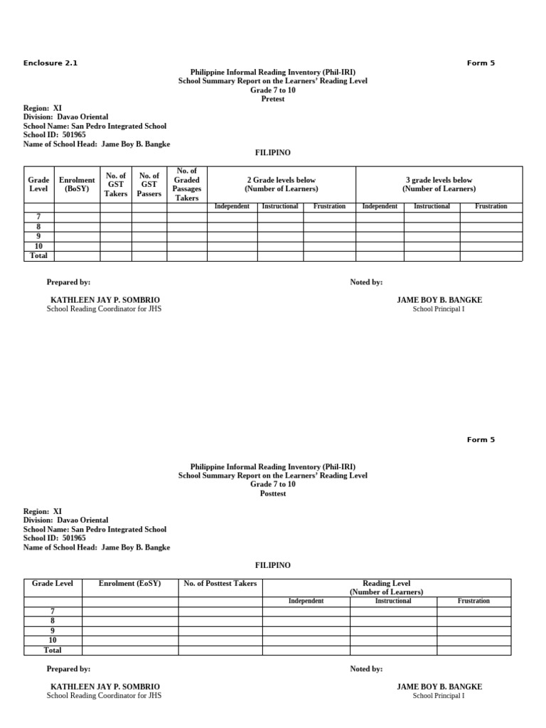 Encl. 2.1 - Phil-IRI Form 5 - GR 7-10 | PDF | Learning
