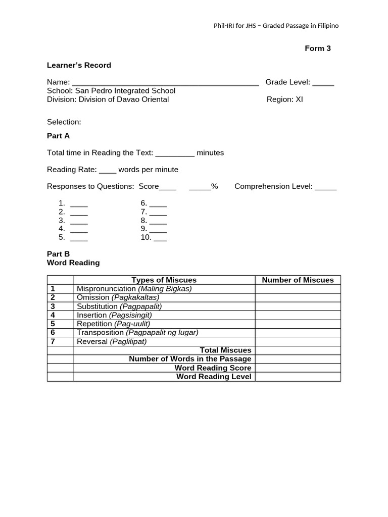 Phil-IRI Form 3 for JHS Assessment | PDF