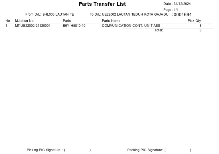 Parts Transfer Summary | PDF