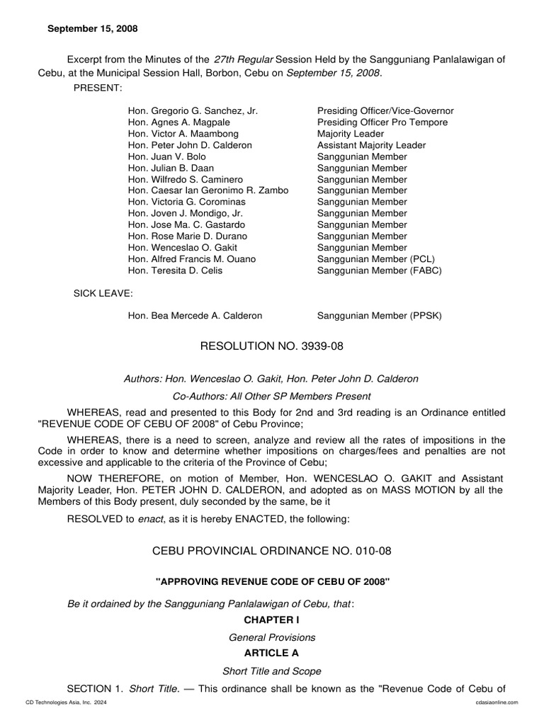 Cebu Provincial Ordinance No. 010-08, (September 15, 2008) - Revenue ...