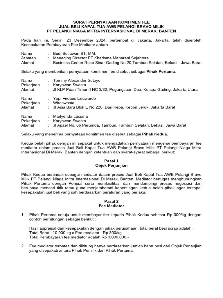 Komitmen Fee Mediator Jual Kapal | PDF