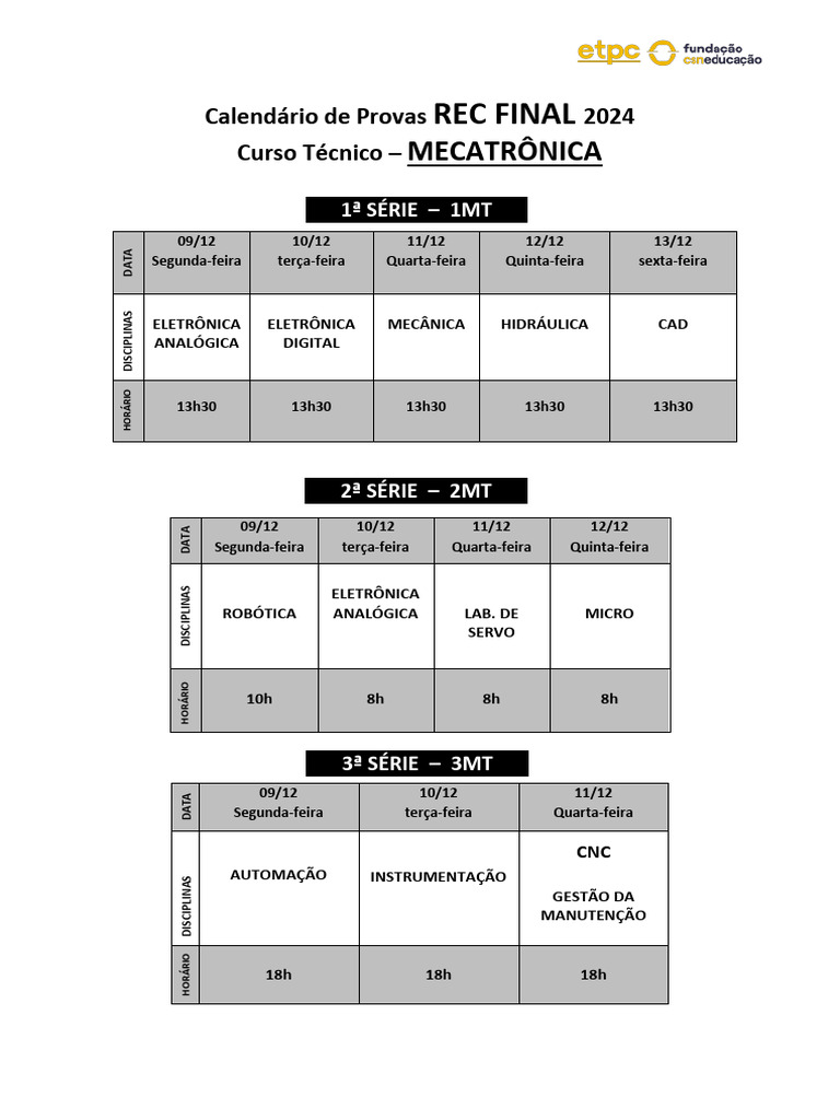MT REC FINAL Calendário de Provas 2024 | PDF